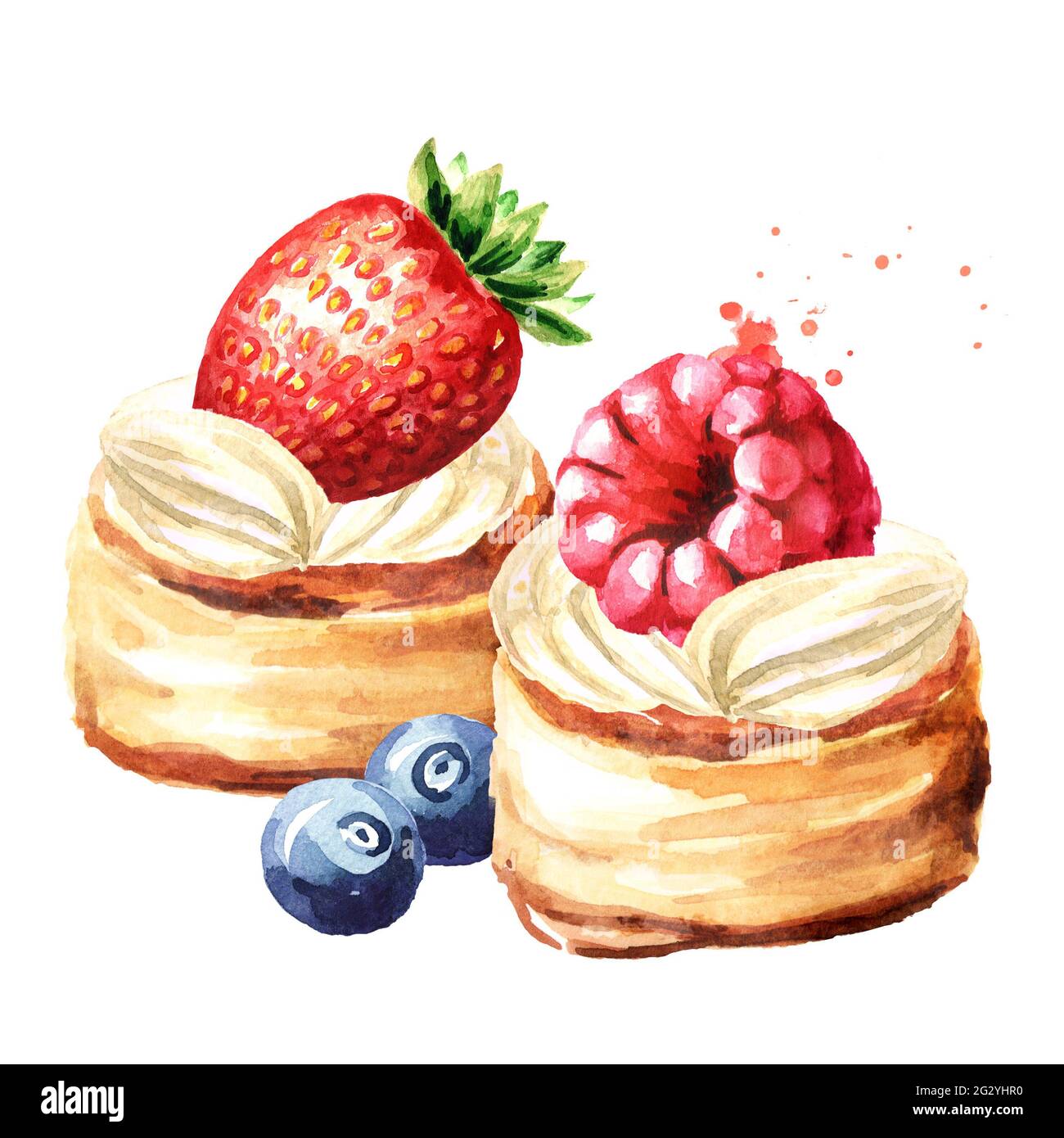 Festive food, sweet tarts with fruits and berries. Watercolor hand ...