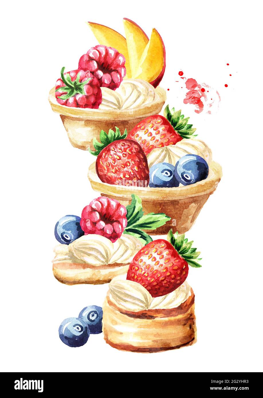 Festive food, sweet tarts with fruits and berries Watercolor hand drawn ...