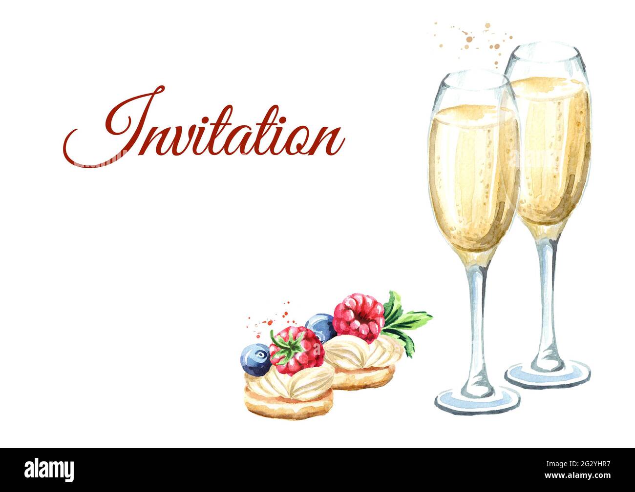 Festive food. Sweet Canape with berries and glass of champagne ...