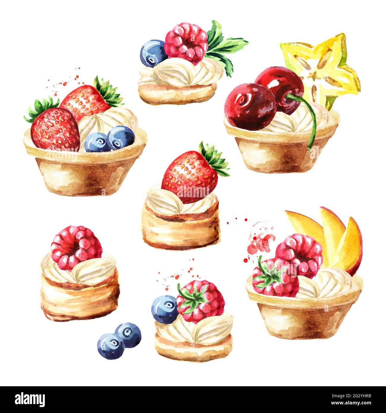 Festive food, sweet tarts with fruits and berries set, Watercolor hand ...