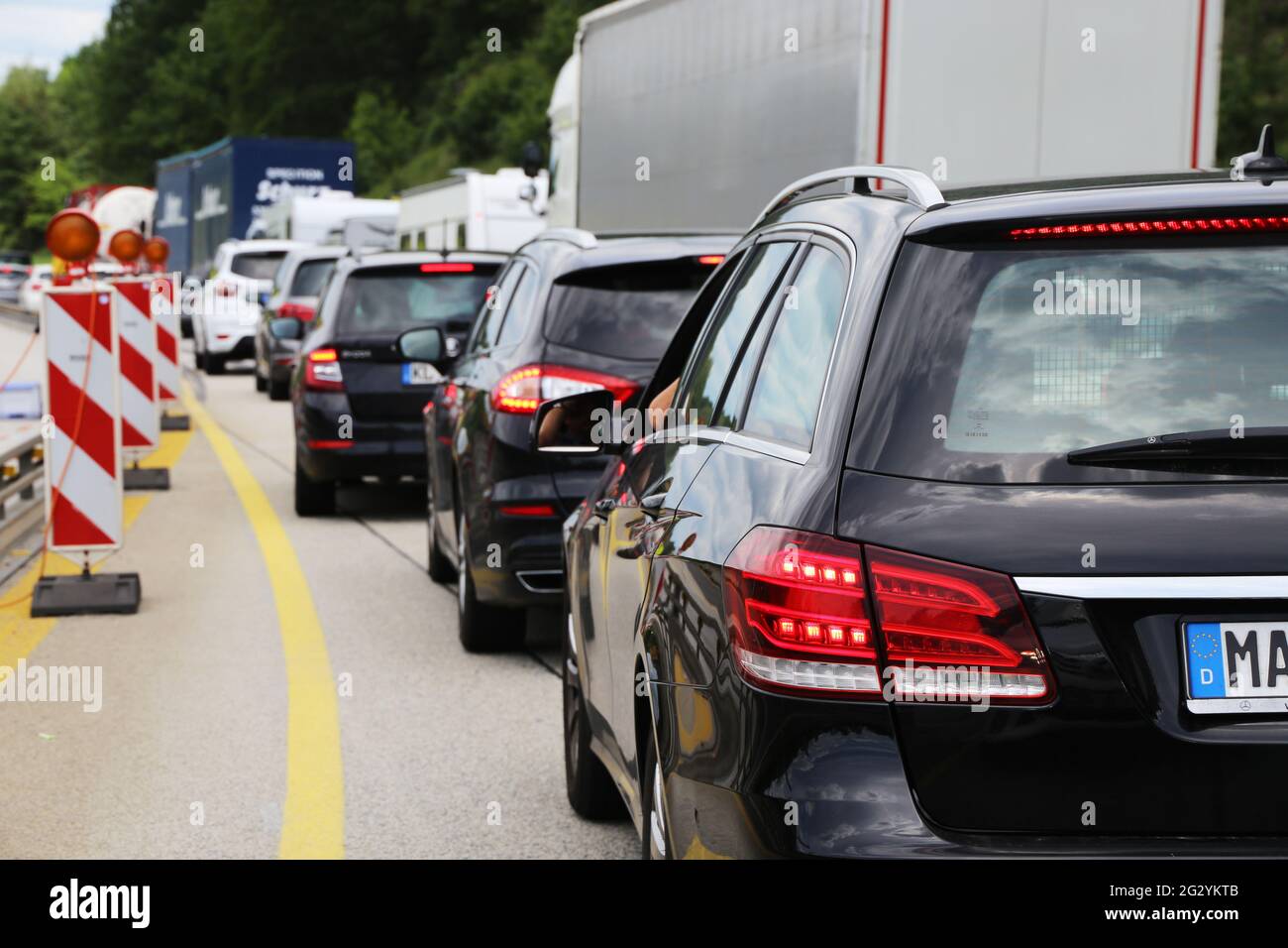 Traffic jam on the A 61 (Germany) in a roadworks due to high traffic ...
