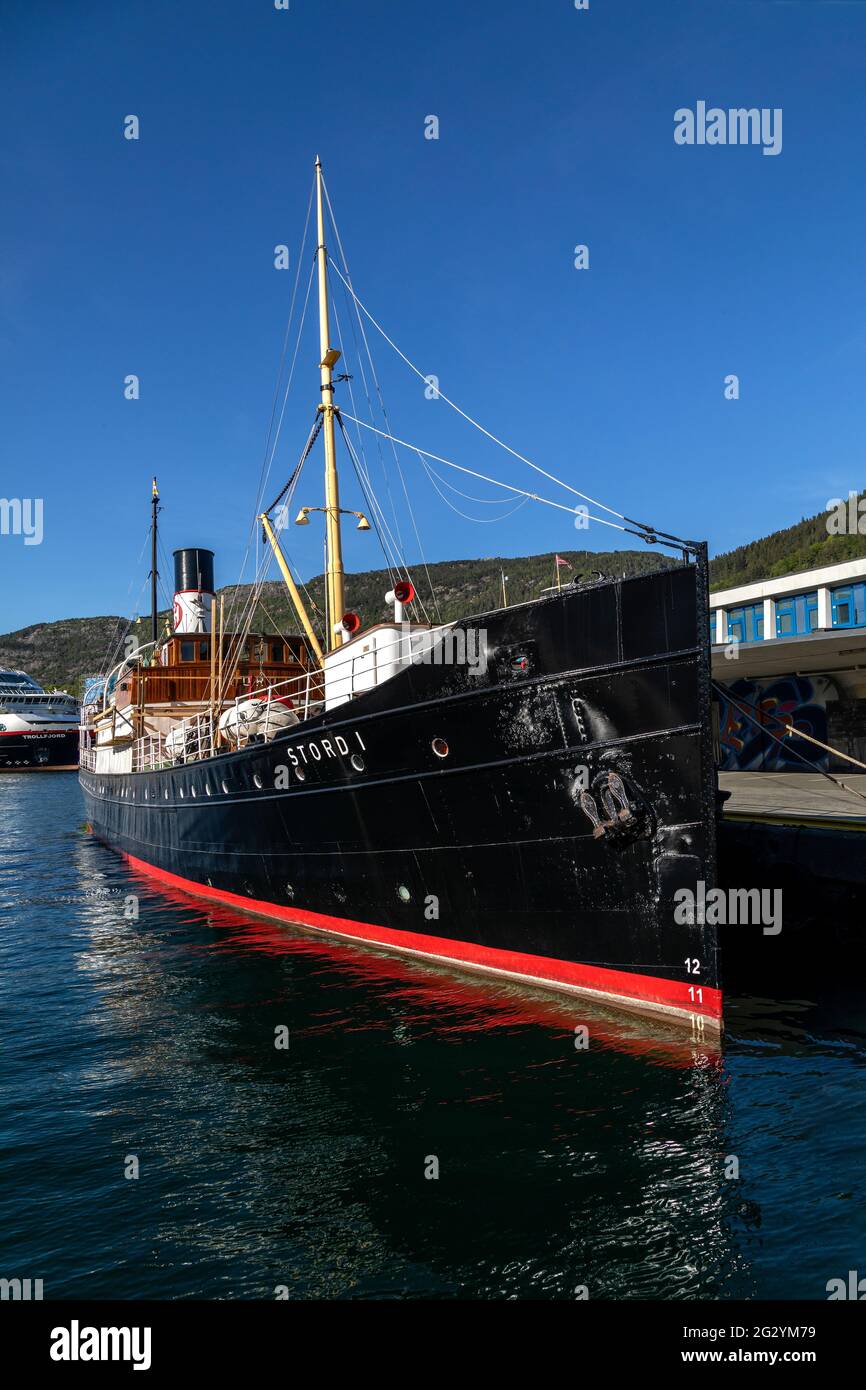 Bow of veteran passenger steam ship Stord 1, built 1913. Berthed in the ...
