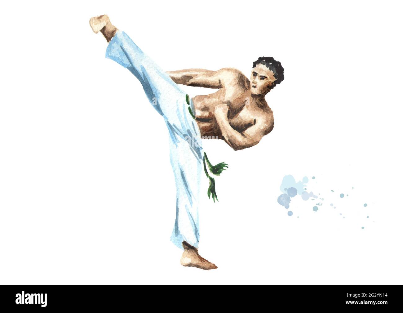 Young man practicing capoeira, does the fighting element. Isolated on ...