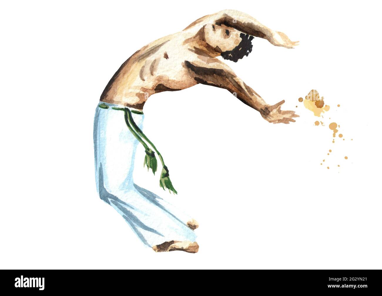 Young man practicing capoeira, does the fighting element, isolated on ...