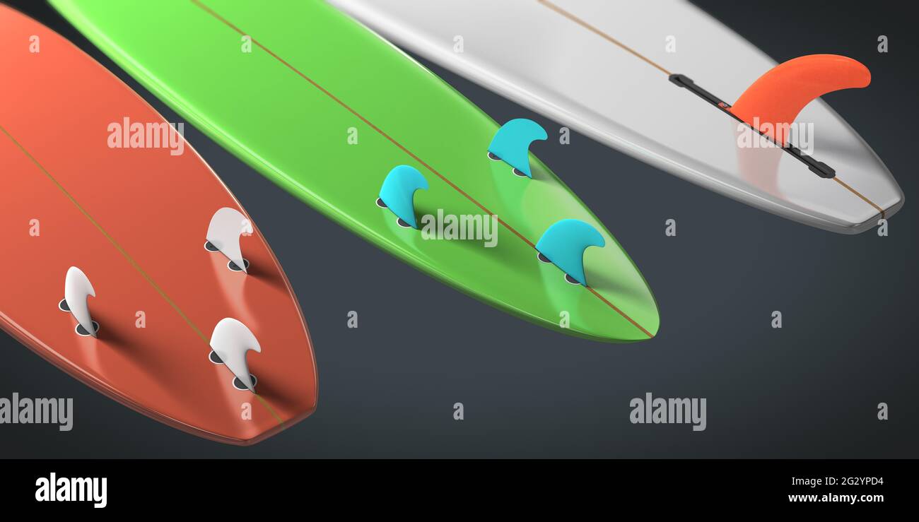 Different side by side and opposite surfboards in different colors - 3d ...