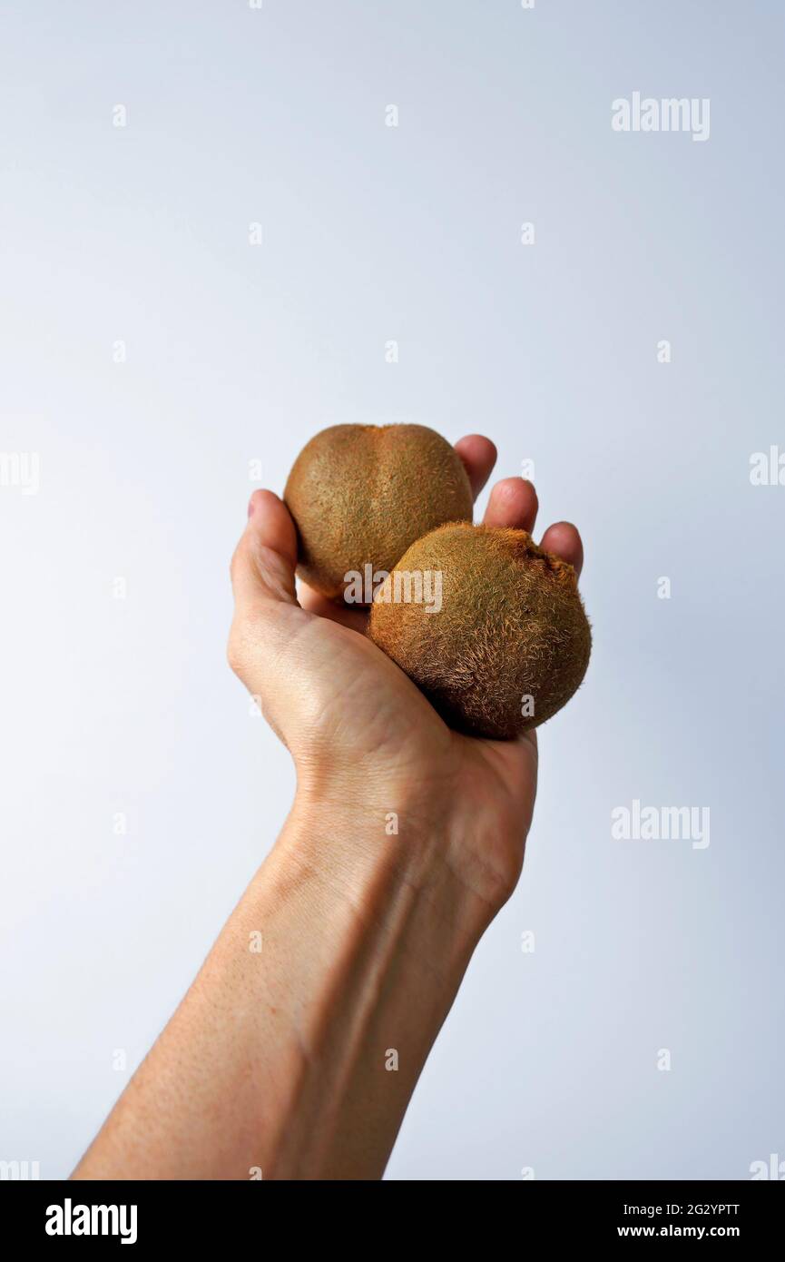 Kiwi fruits on hand in a bright background Stock Photo - Alamy