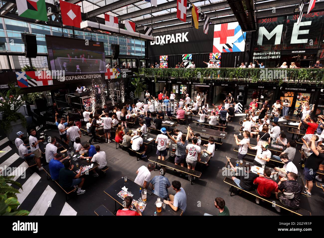 Fans at BOXPARK in Croydon as they watch the UEFA Euro 2020 Group D ...