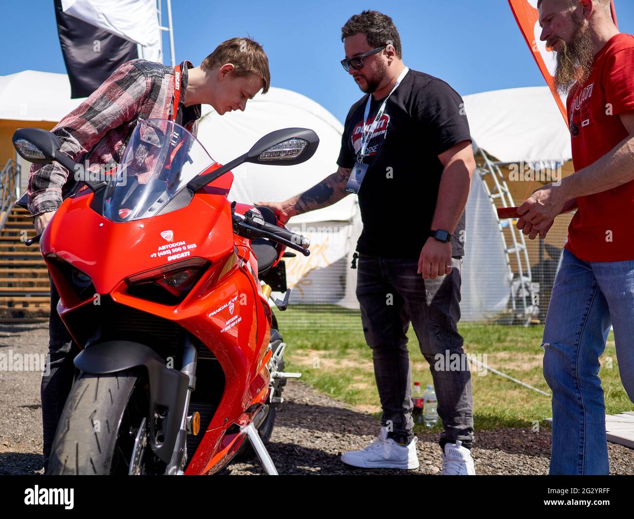 Moscow, Russia. 05th June, 2021. The organizers are seen arranging a ...