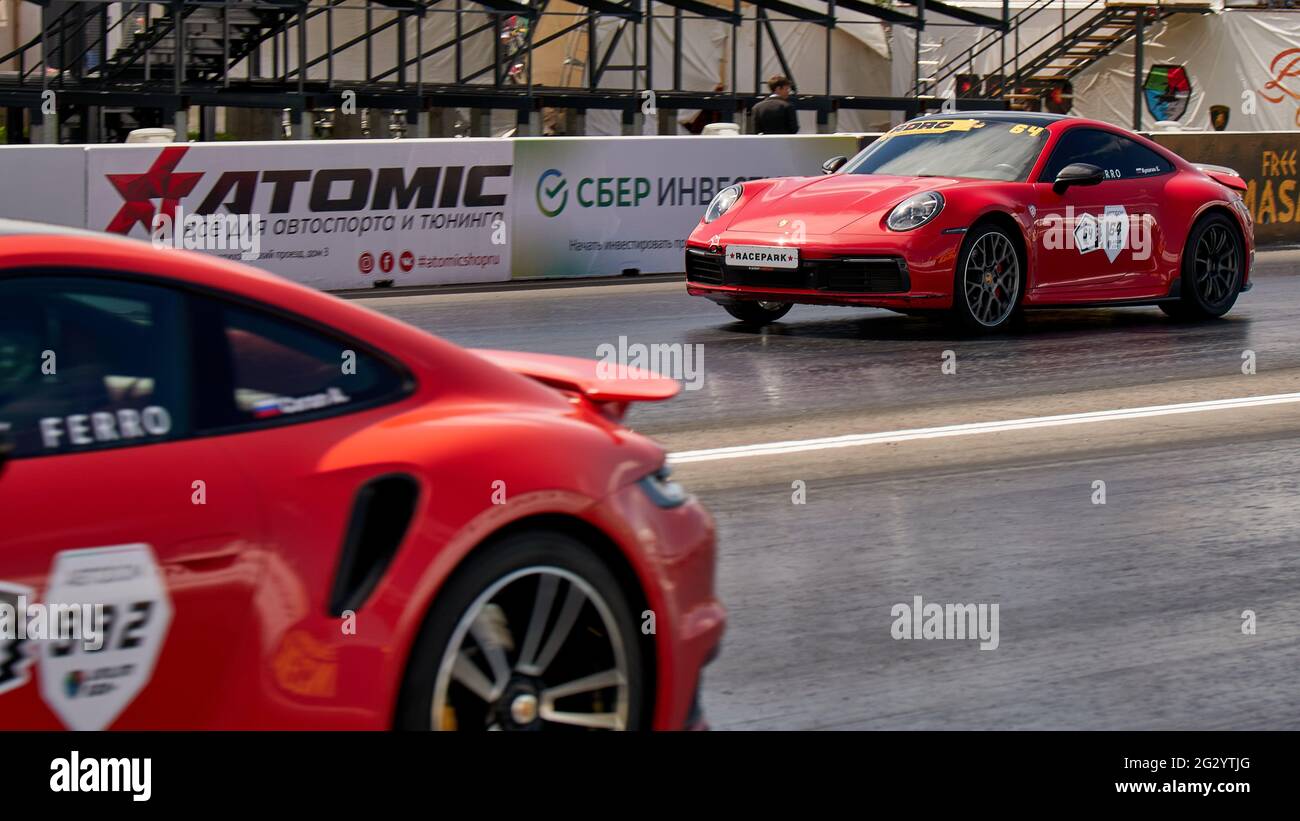 Moscow, Russia. 05th June, 2021. The red Porsche 911 lags behind during ...