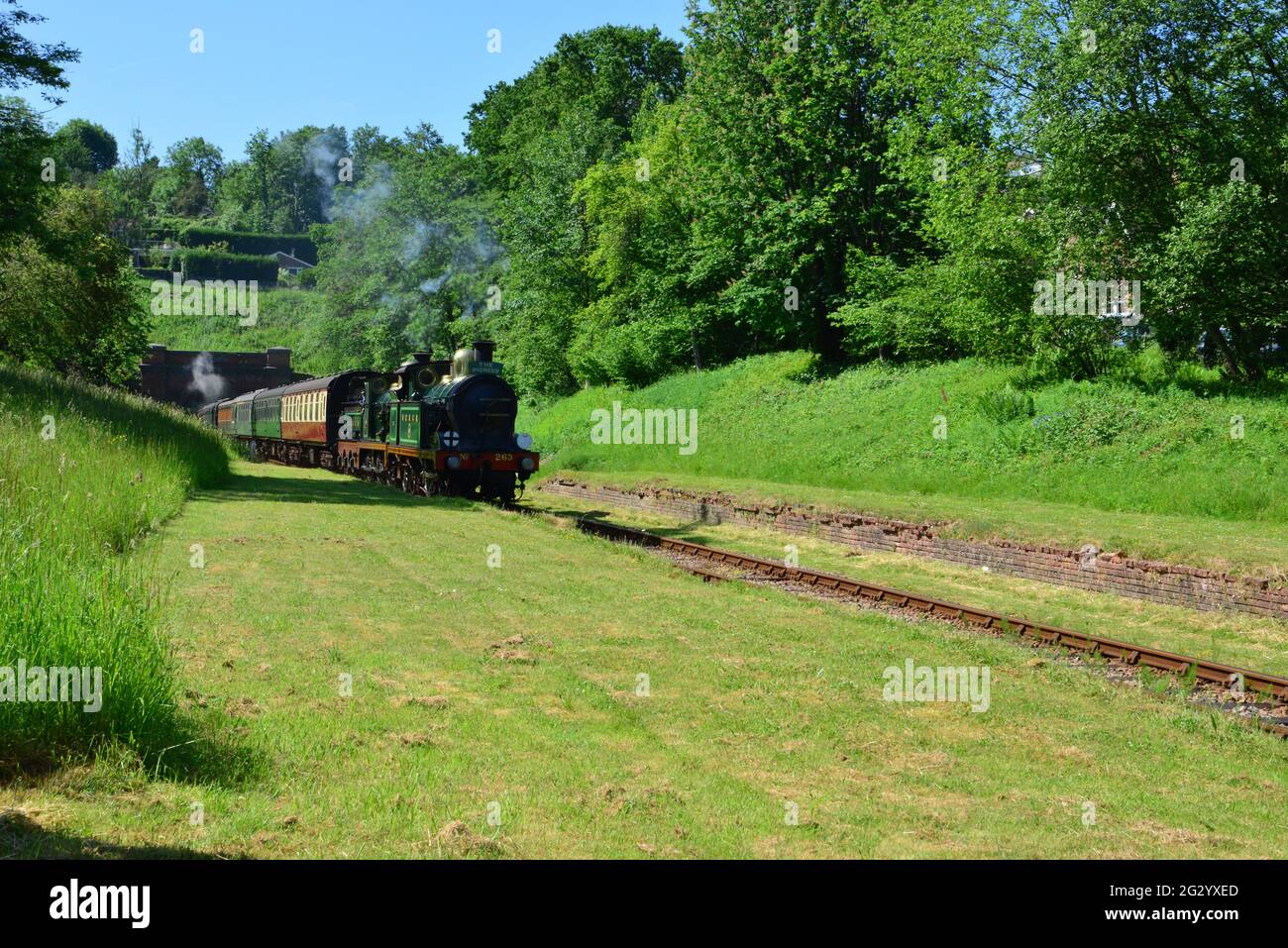A double header of two steam locomotives on a Heritage railway in the ...