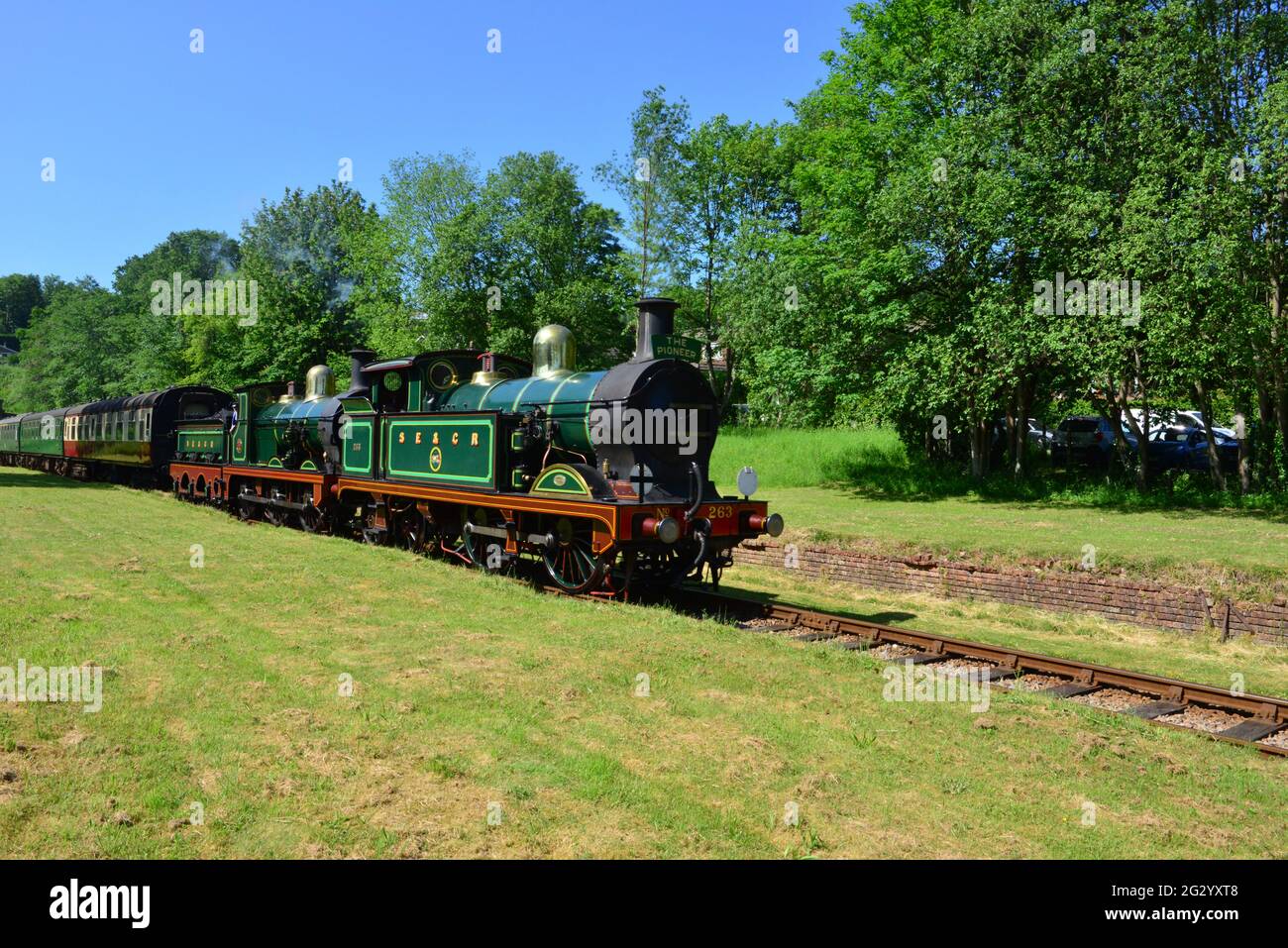 A double header of two steam locomotives on a Heritage railway in the ...