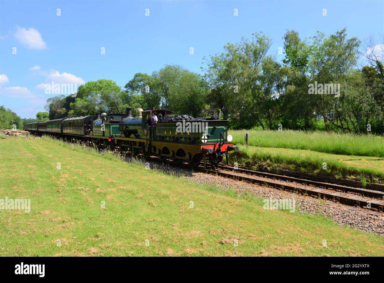 A double header of two steam locomotives on a Heritage railway in the ...