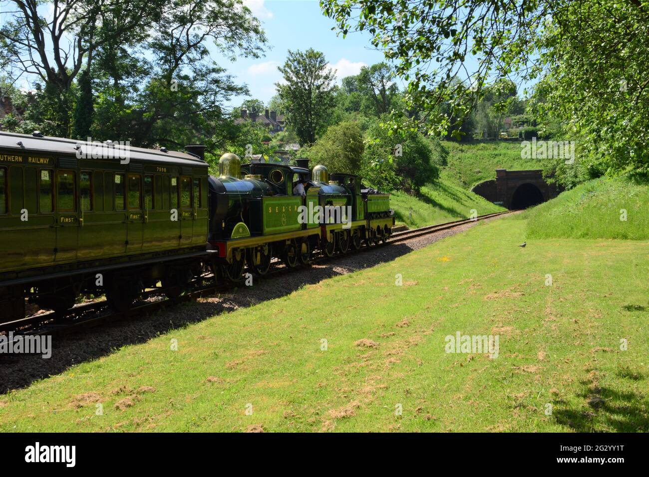 A double header of two steam locomotives on a Heritage railway in the ...