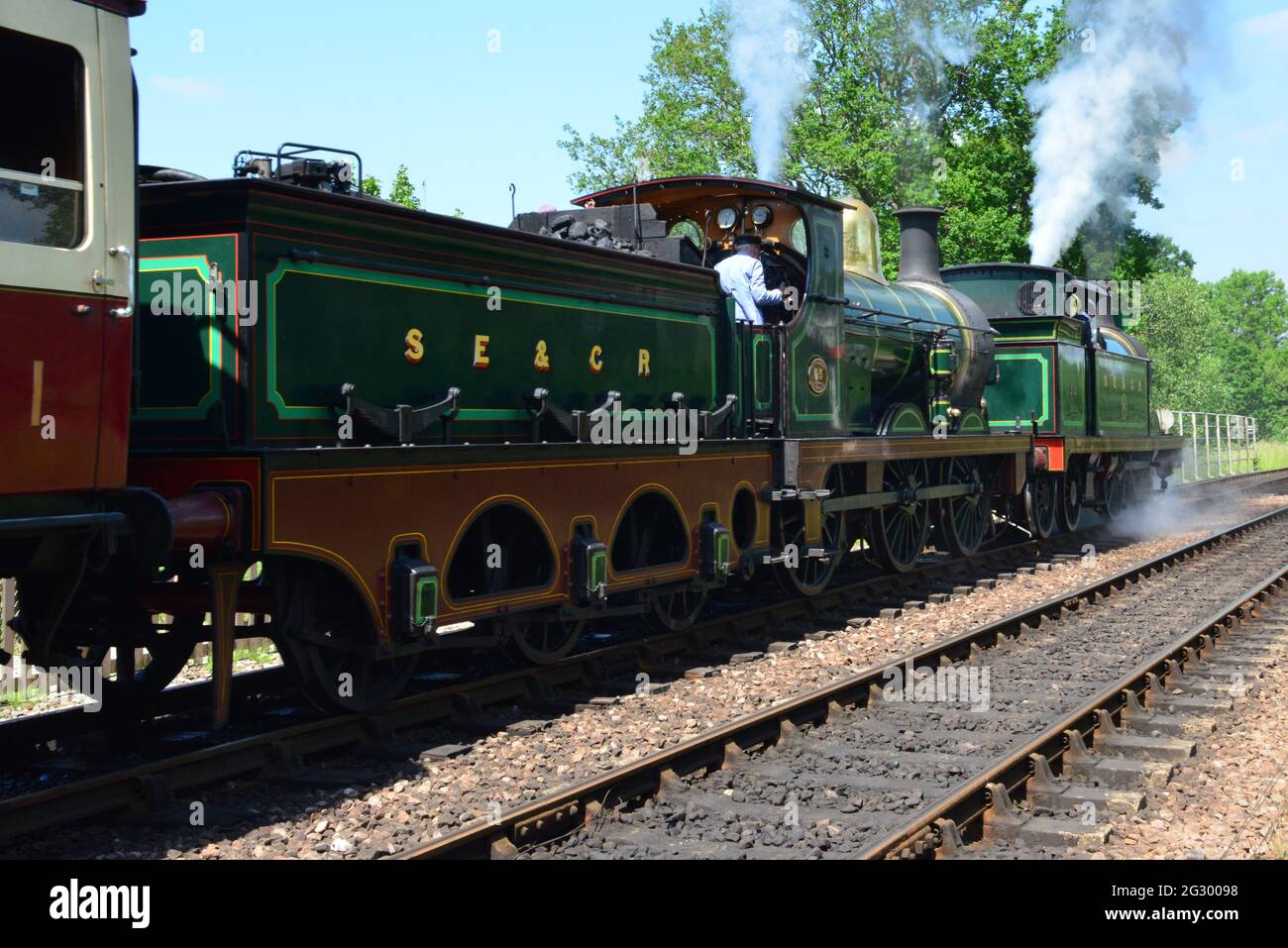 A double header of two steam locomotives on a Heritage railway in the ...