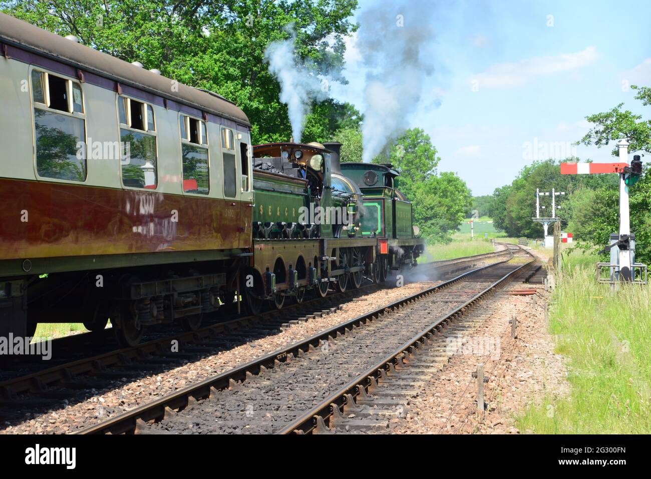 A double header of two steam locomotives on a Heritage railway in the ...
