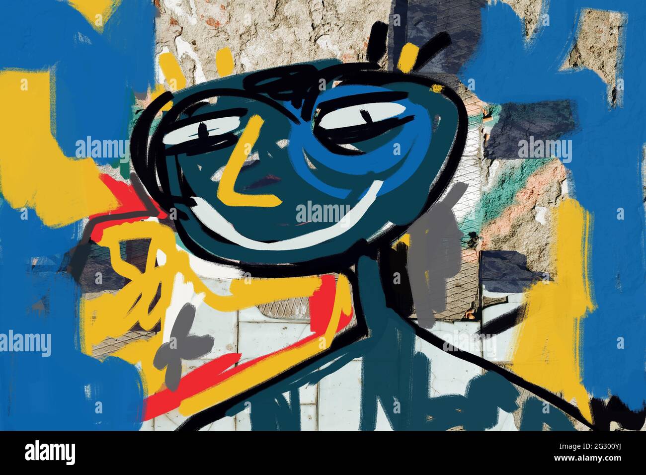 Funny Street art smug portrait with big smiley and smirking face ...