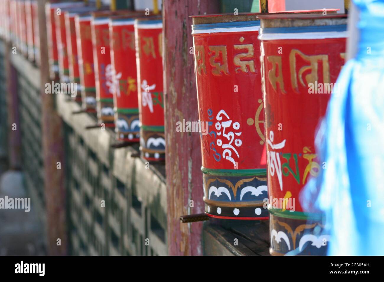 Painted prayer wheels in a remote Buddhist temple in rural, Mongolia ...
