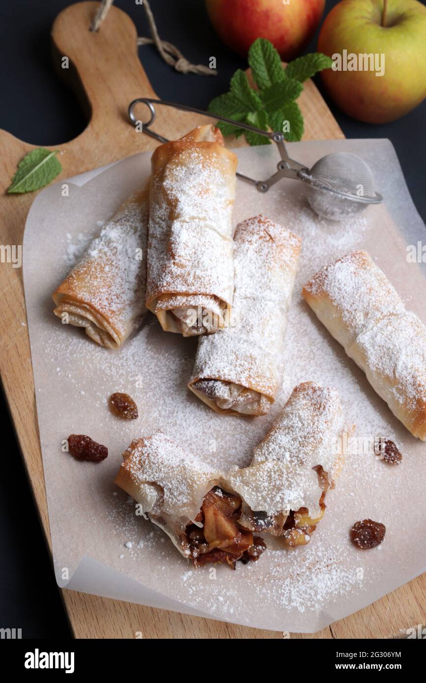 Delicious apple mini strudel with puff pastry. Directly above Stock ...