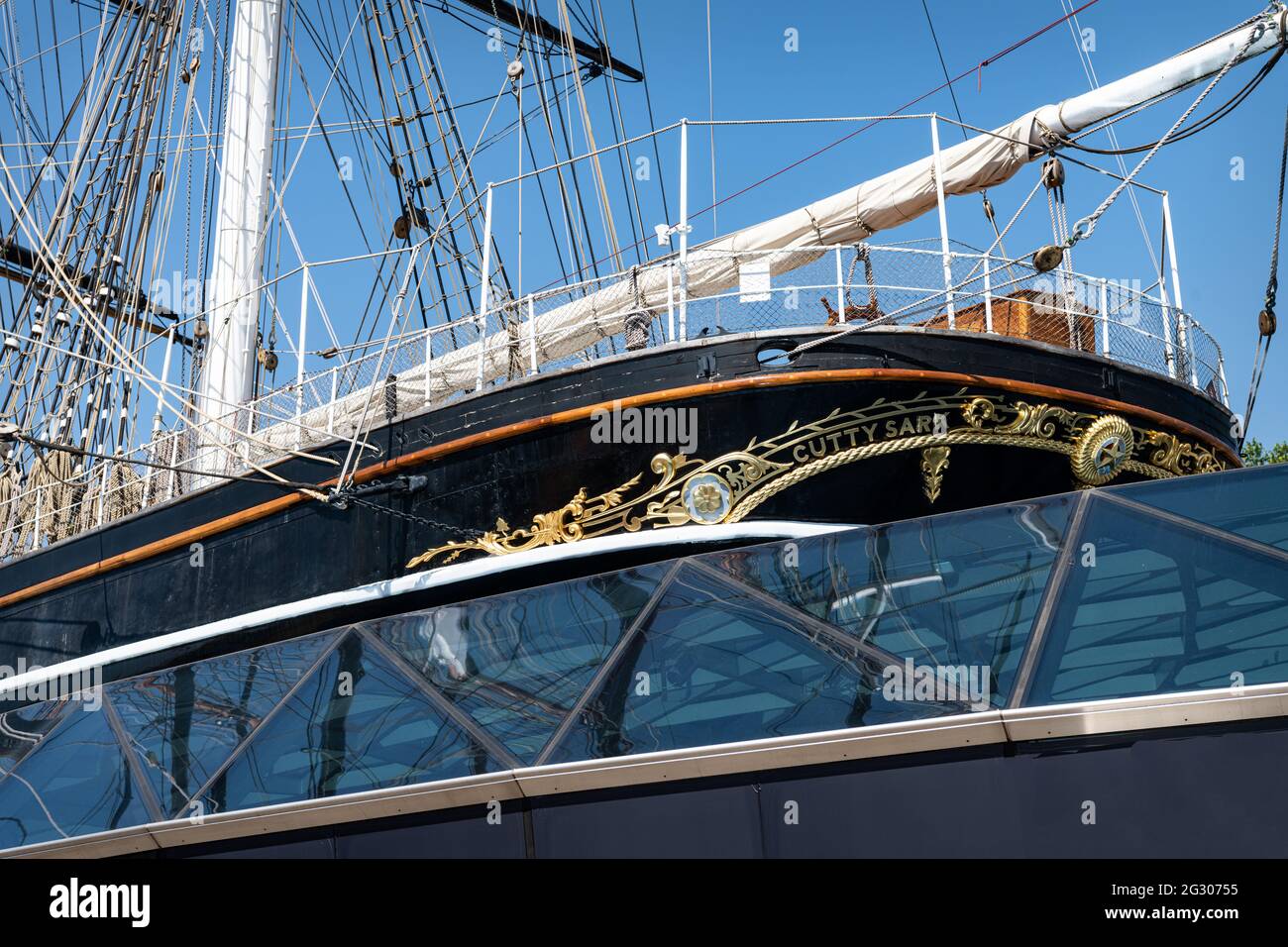 Stern of the Cutty Sark, Tea Clipper with the name of the ship visible ...