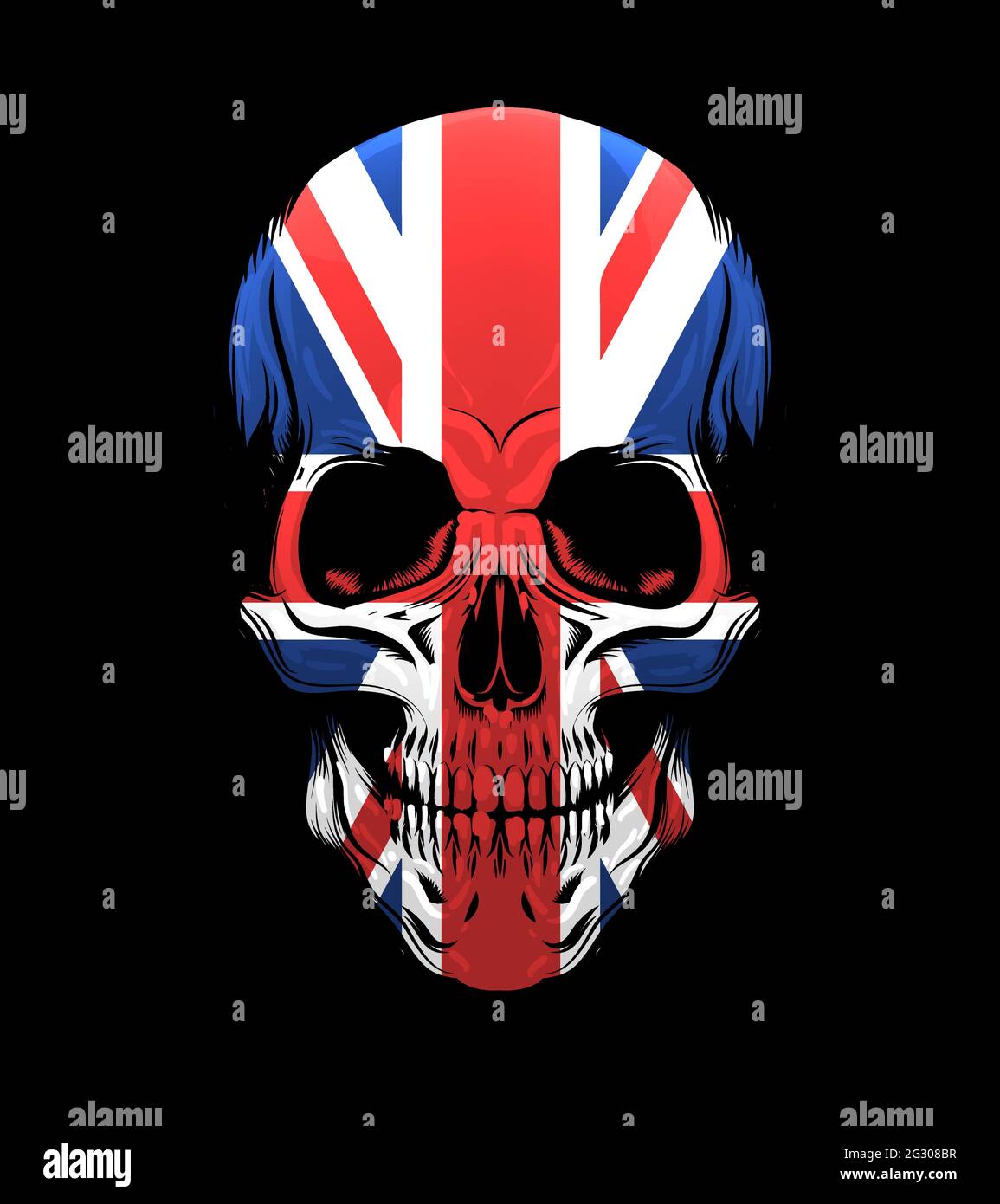 Human skull with United Kingdom flag isolated on black background ...