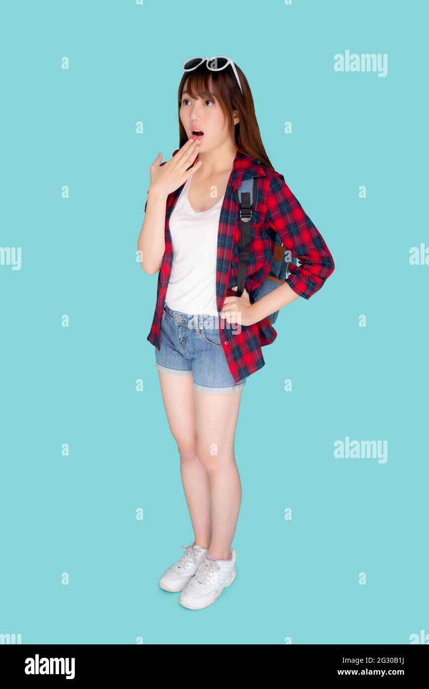 Beautiful portrait young asian woman surprise wearing travel summer ...