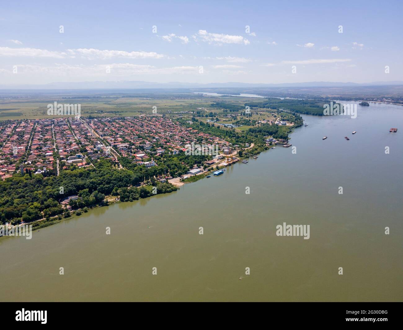 Aerial view of town of Calafat at the coast of Danube river, Dolj ...