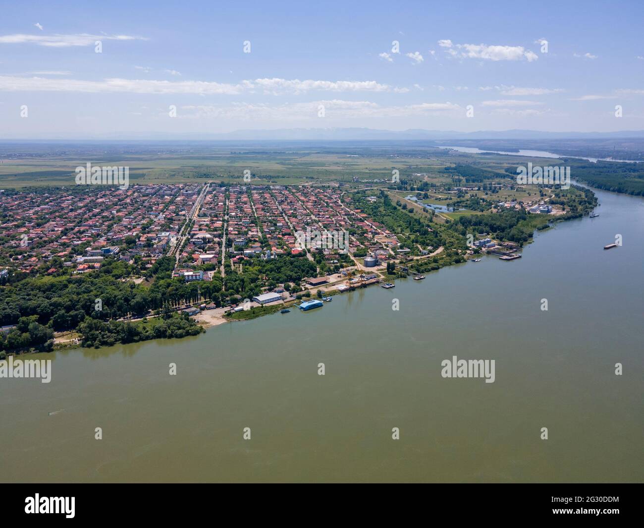 Aerial view of town of Calafat at the coast of Danube river, Dolj ...