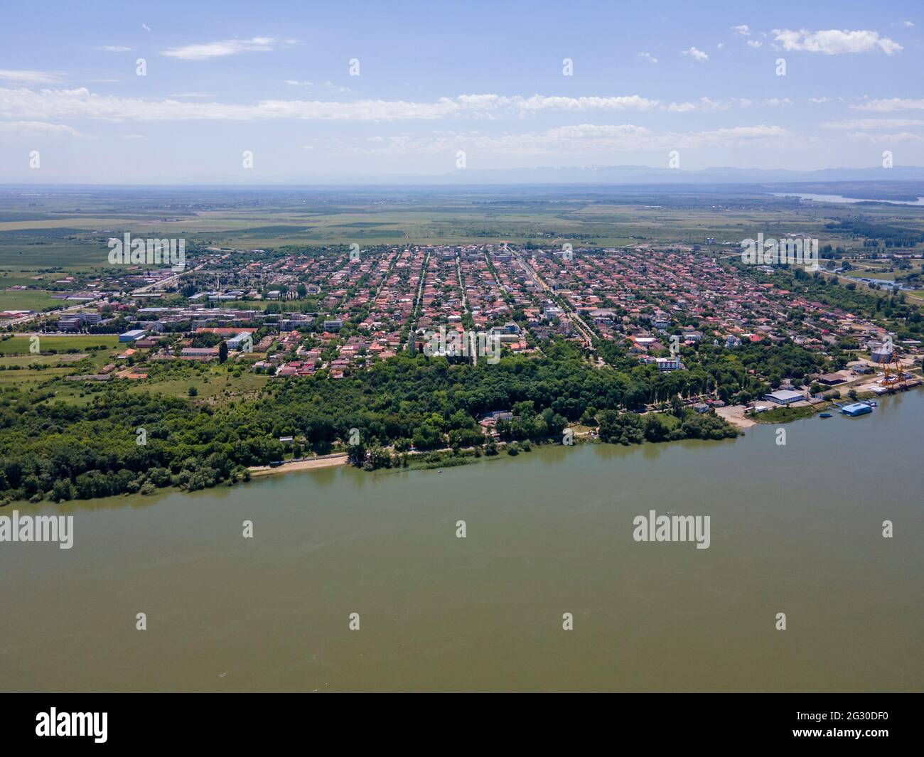 Aerial view of town of Calafat at the coast of Danube river, Dolj ...