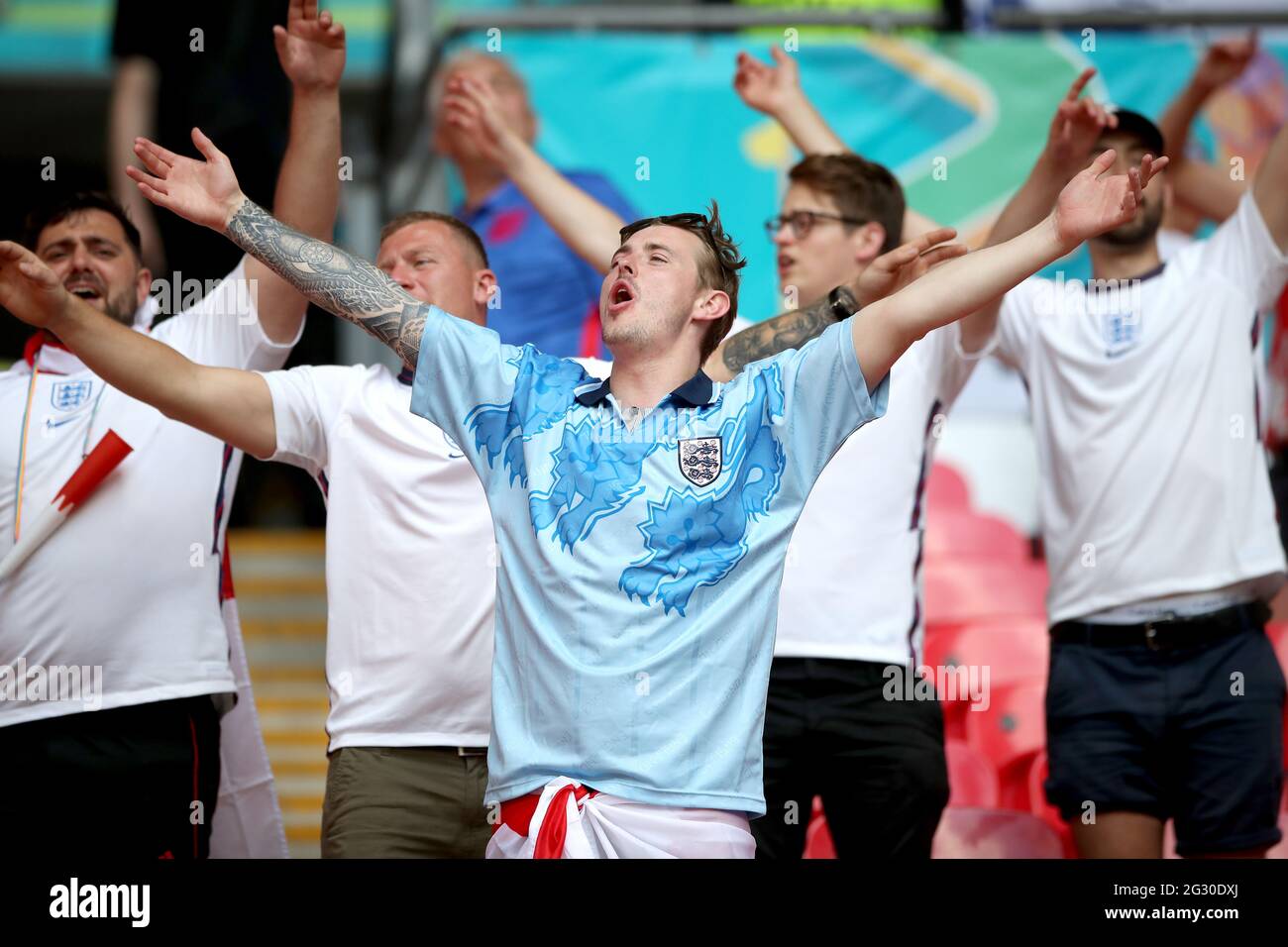 England fans celebrate in the stands after the UEFA Euro 2020 Group D ...