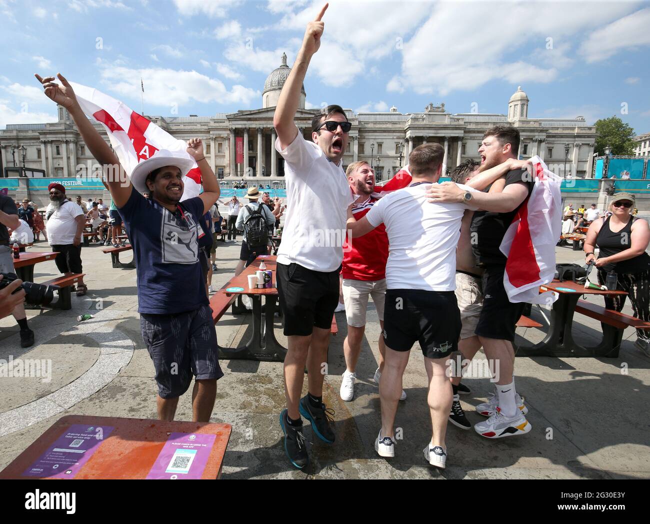 Fans at the Fan Zone in Trafalgar Square in London celebrate the win ...