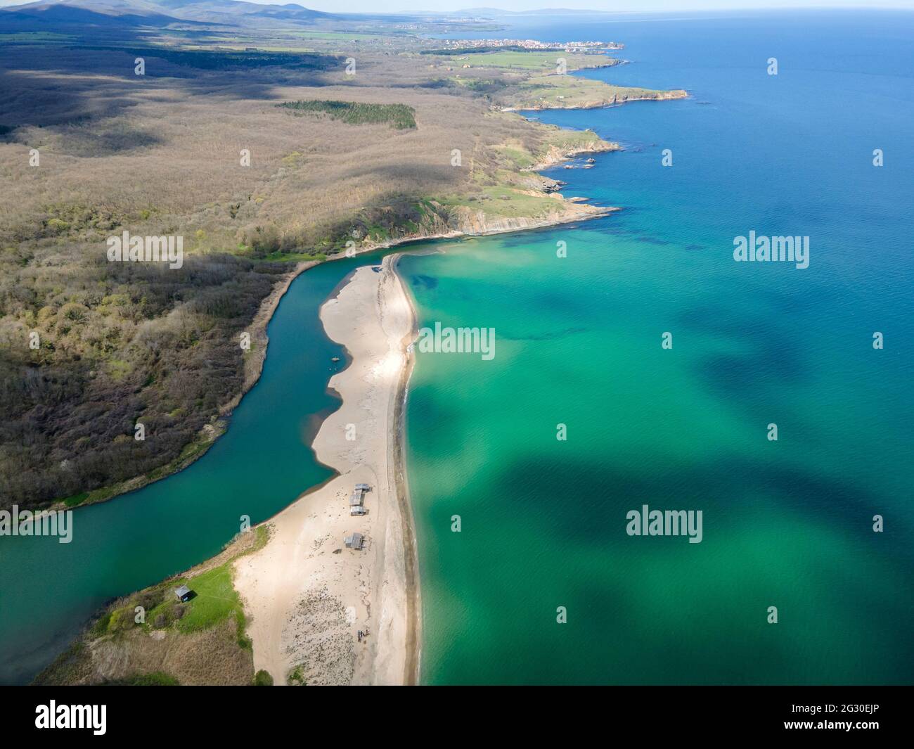 Aerial view of beach at the mouth of the Veleka River, Sinemorets ...