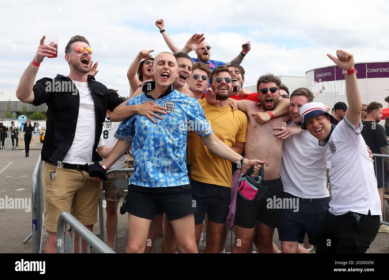 England fans celebrate their win at the fan zone in Trafford Park ...