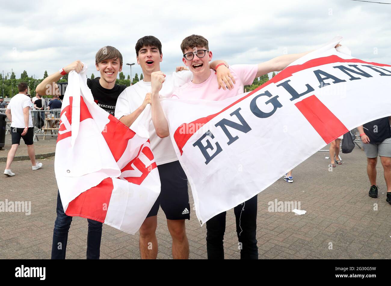England fans celebrate their win at the fan zone in Trafford Park ...