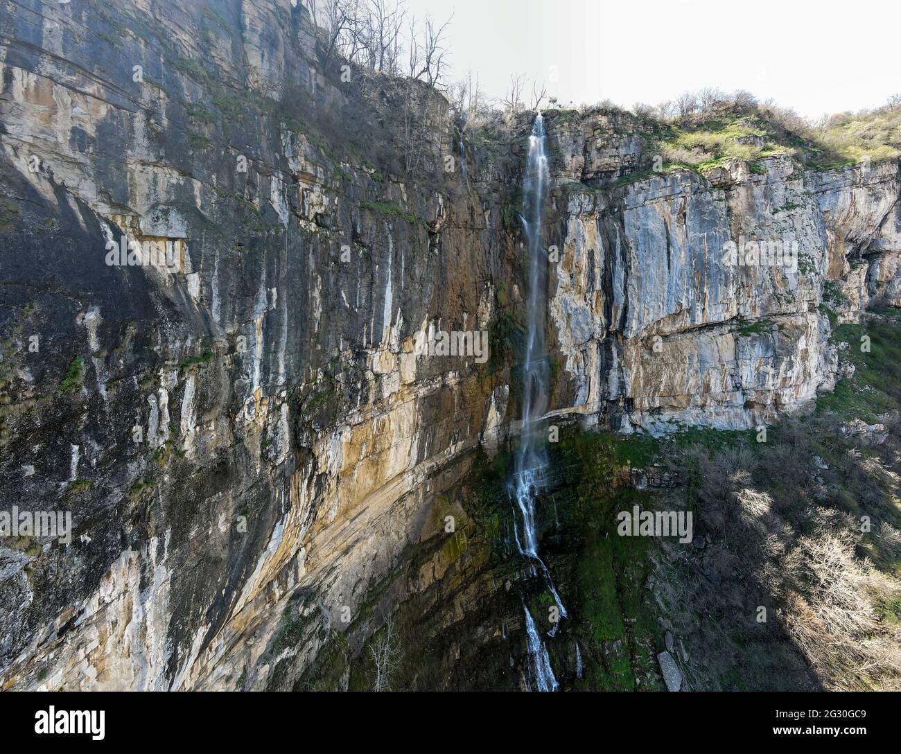 Aerial panorama of Skaklya Waterfall near village of Zasele, Balkan ...