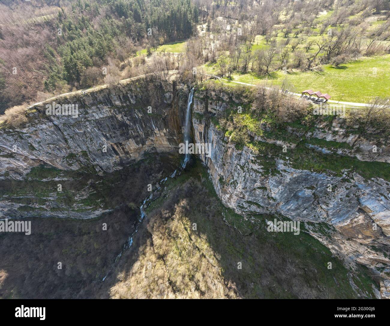 Aerial panorama of Skaklya Waterfall near village of Zasele, Balkan ...