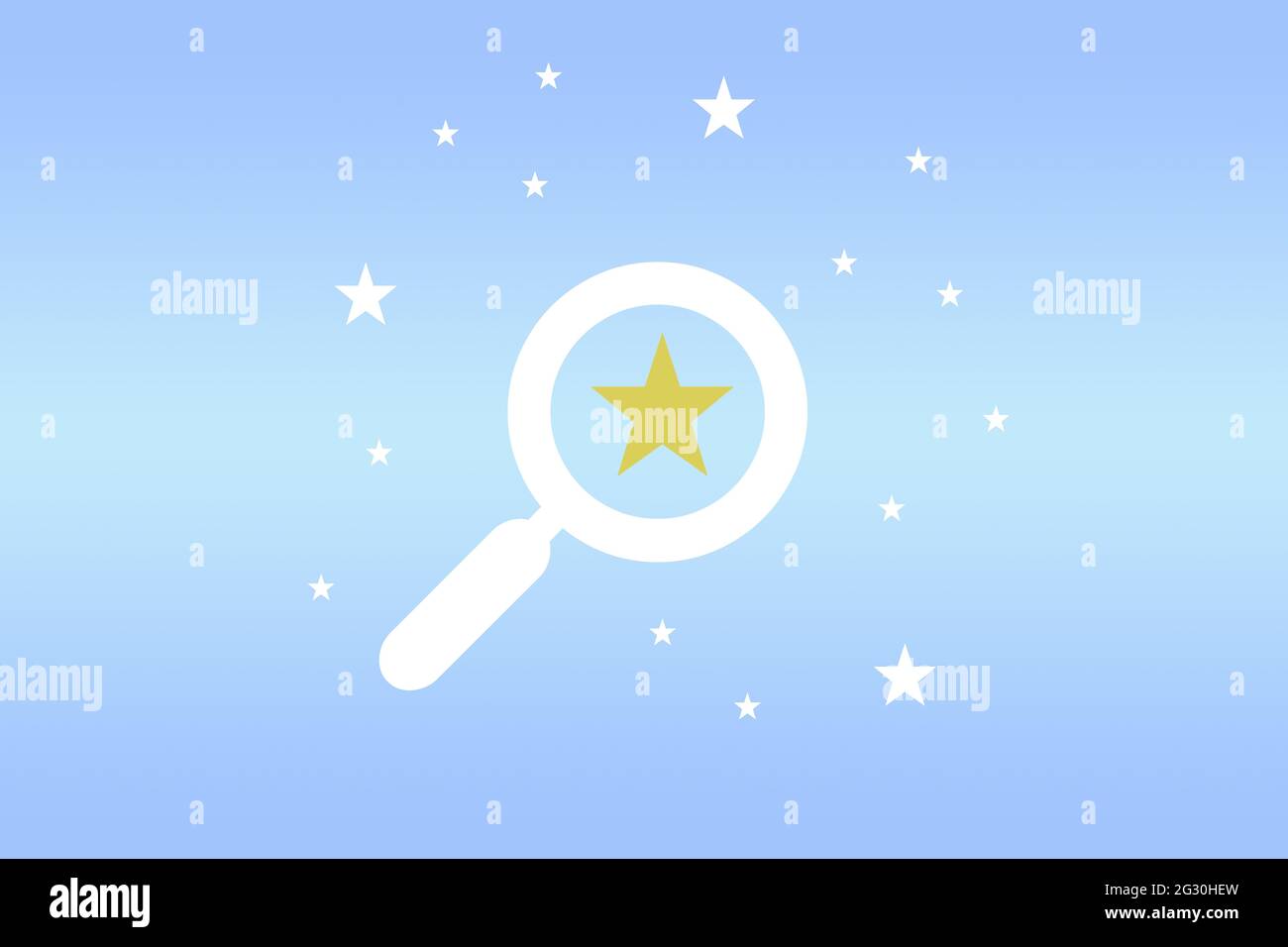An illustration of a magnifier tool symbol with star shapes around on ...