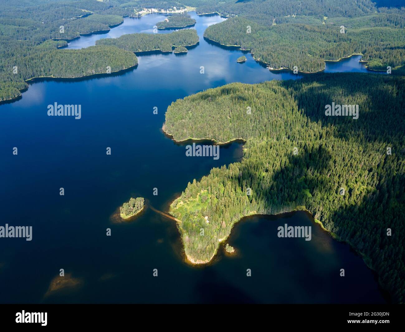 Aerial panorama of Shiroka polyana (Wide meadow) Reservoir, Pazardzhik ...