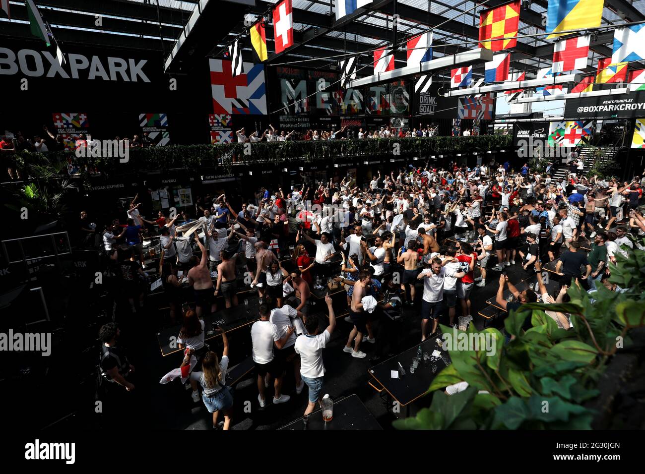 Fans at BOXPARK in Croydon as they watch the UEFA Euro 2020 Group D ...