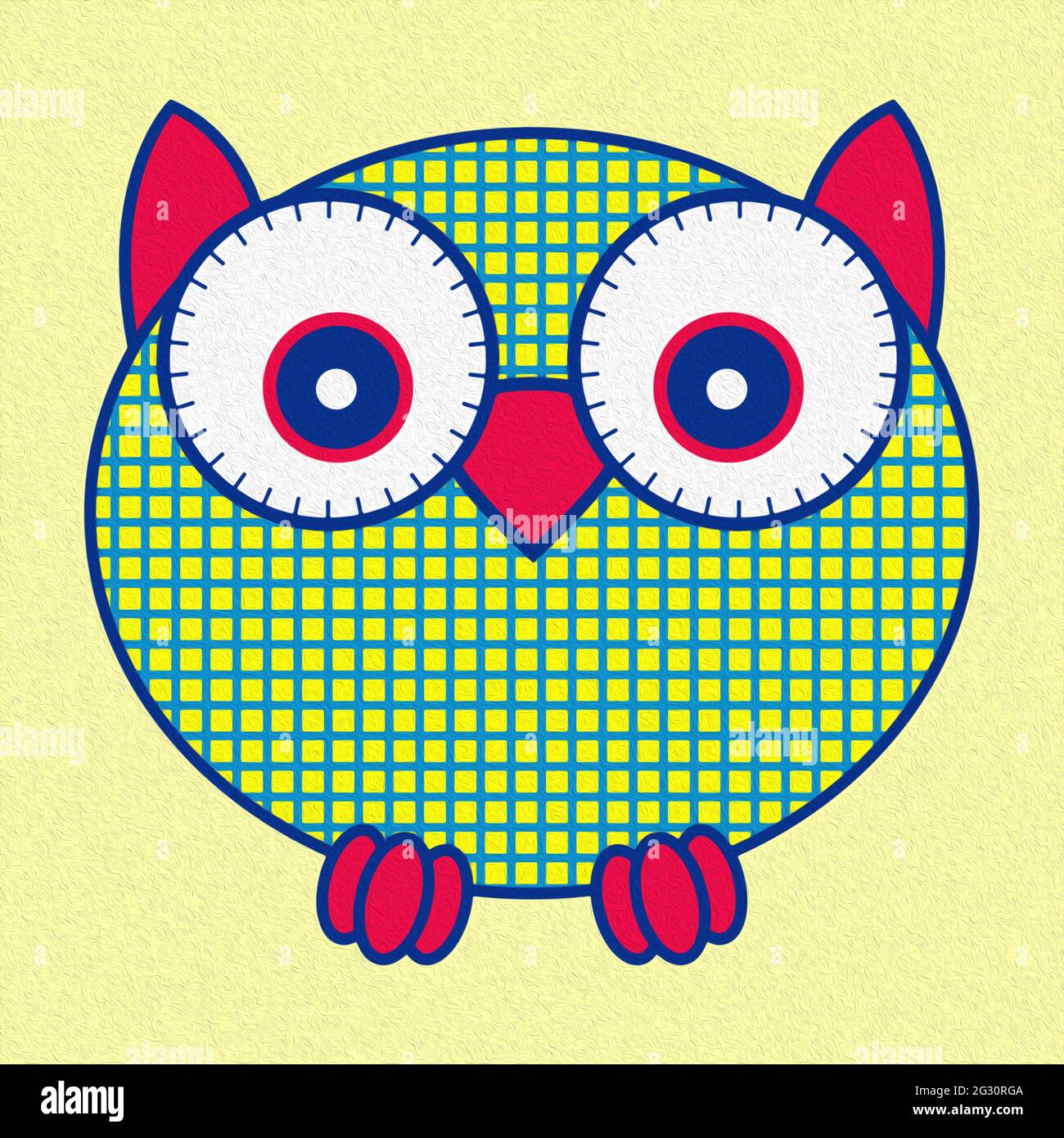 Illustration of amusing cartoon owl in oval shape on yellow background ...