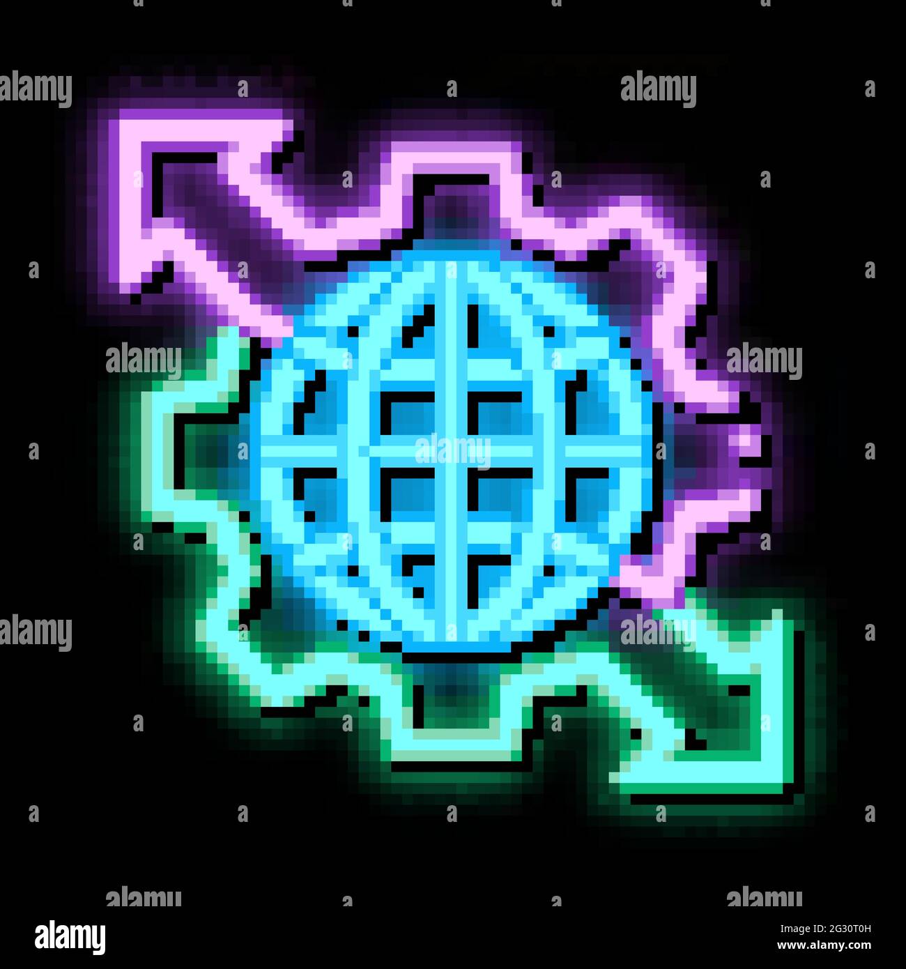 sphere and mechanical gear with arrows neon glow icon illustration ...