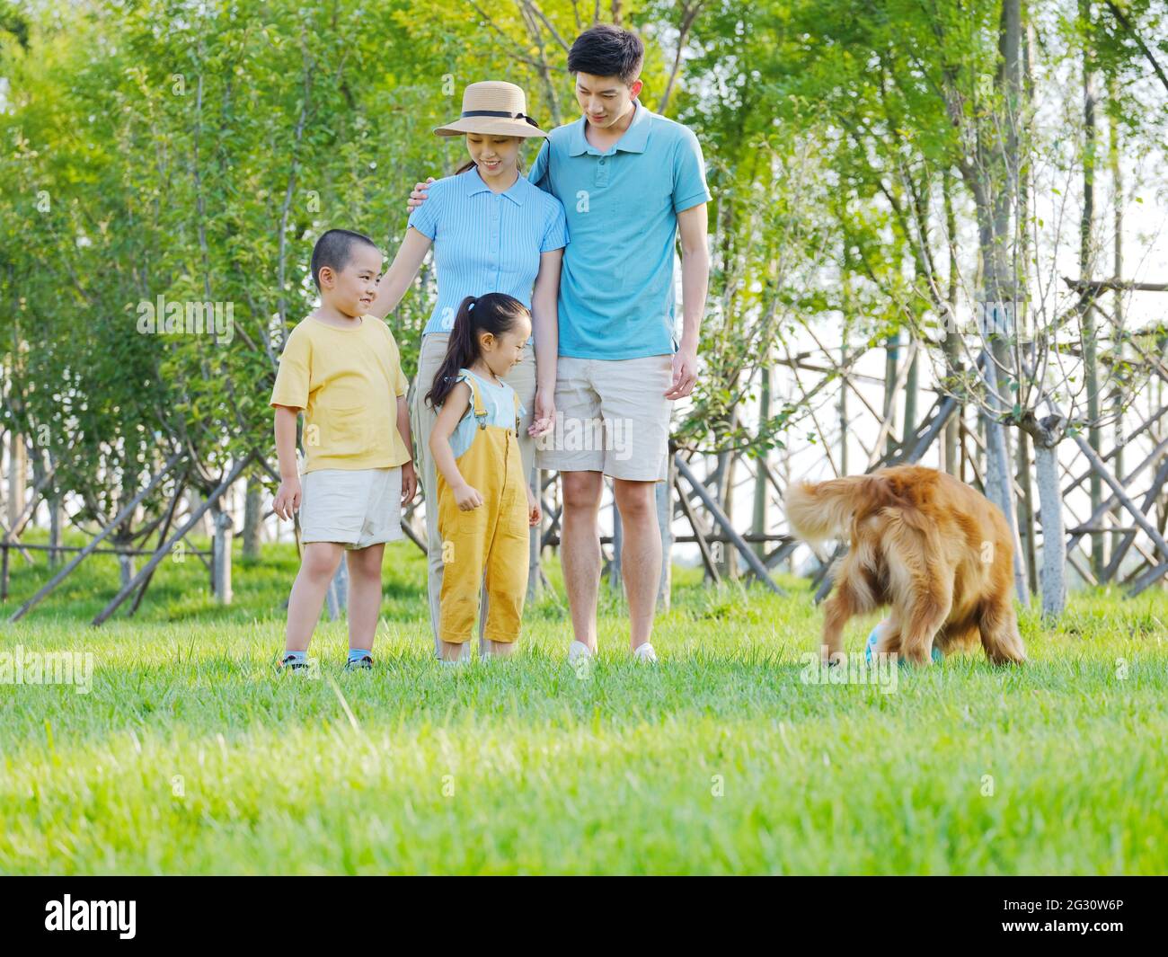 Happy family of four and pet dog playing in the park high quality photo ...
