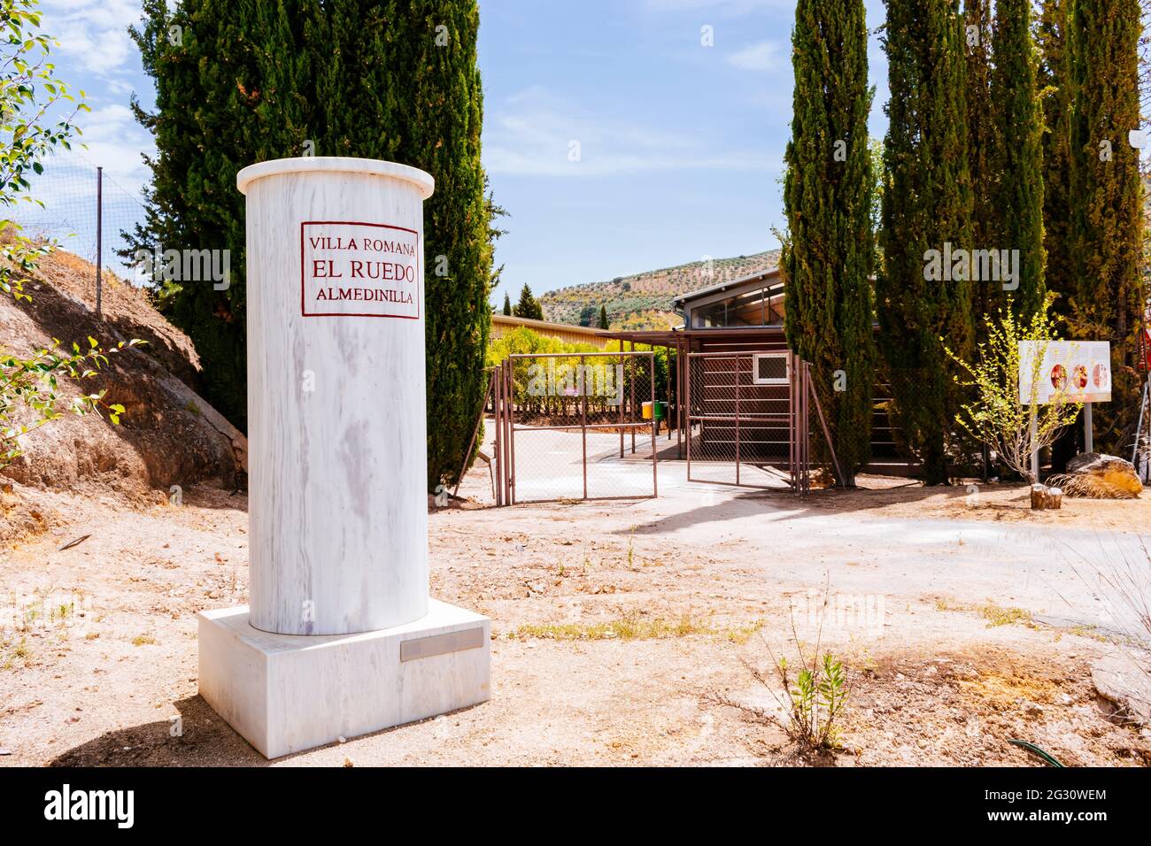 Monolith at the entrance of the Roman Villa. The archaeological site of ...
