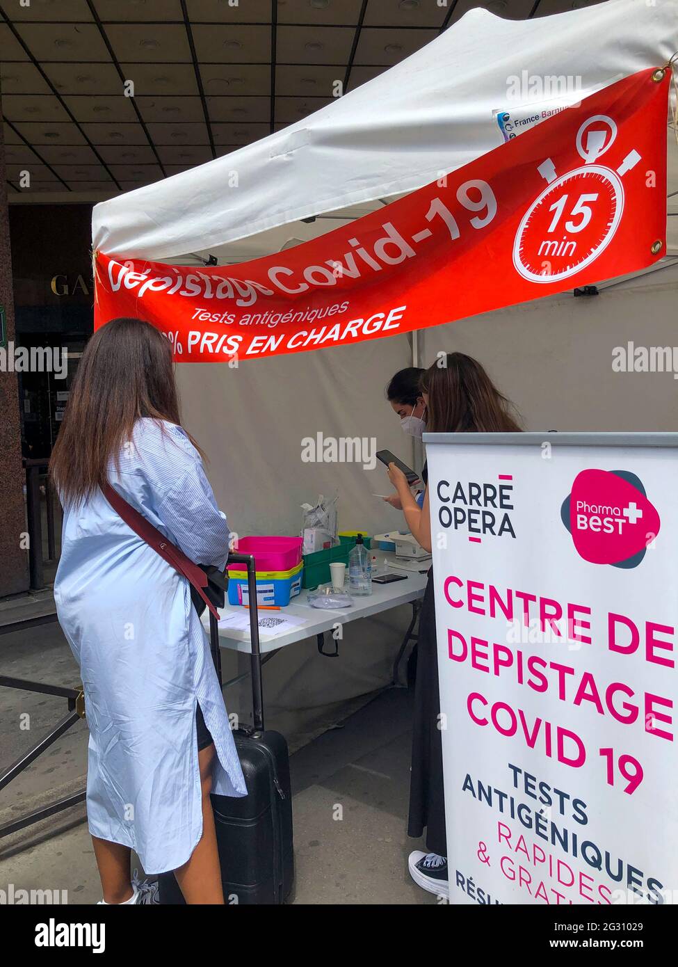 Paris, France, Woman Getting COVID-19 Rapid Test on Street, public ...