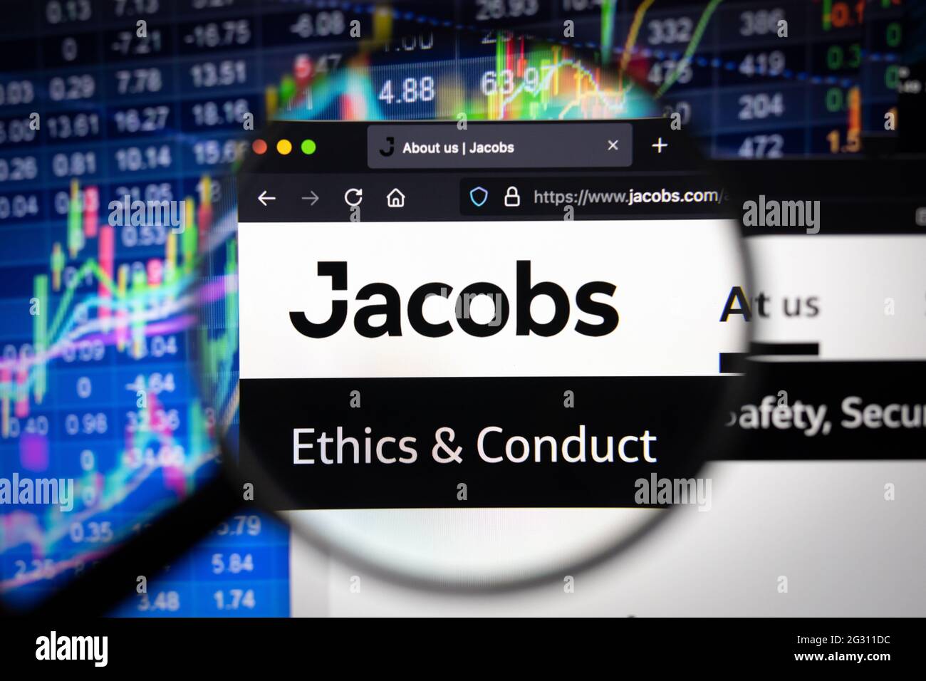 Jacobs company logo on a website with blurry stock market developments ...