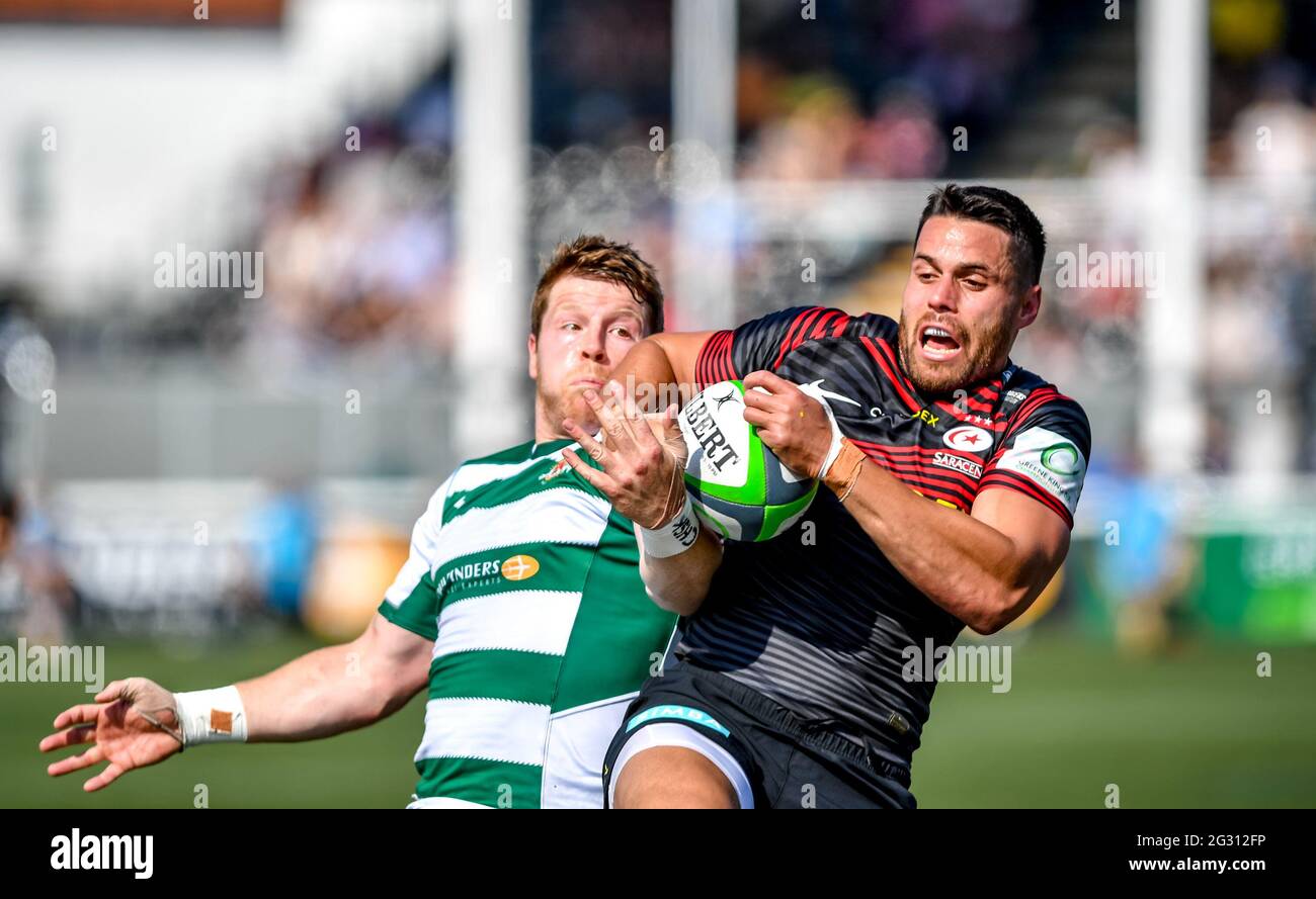 Ealing, UK. 13th June, 2021. Sean Maitland of Saracens collects the ...