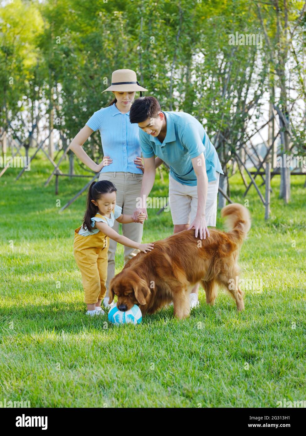 Happy family of four and pet dog playing in the park high quality photo ...