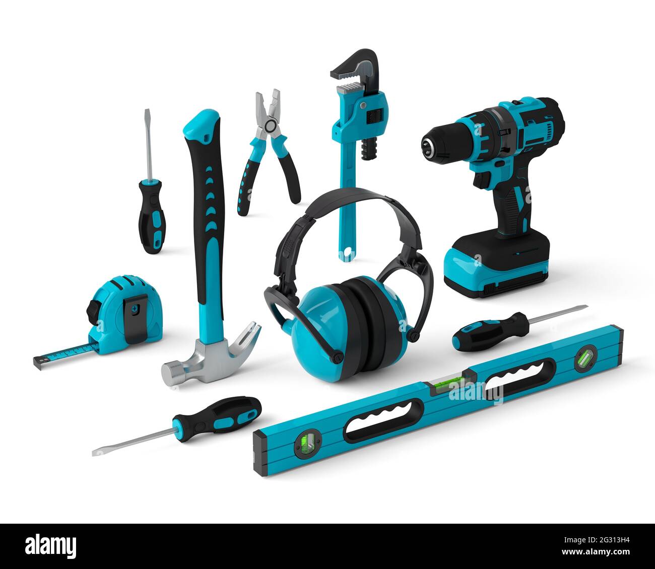 Isometric view of green construction tools for repair on white Stock ...