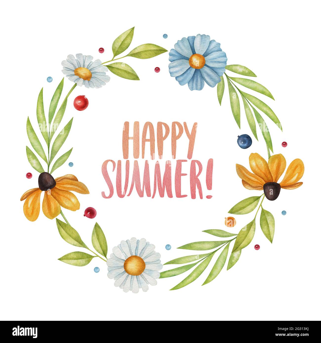 Happy summer. Watercolor summer composition with lettering phrase on ...