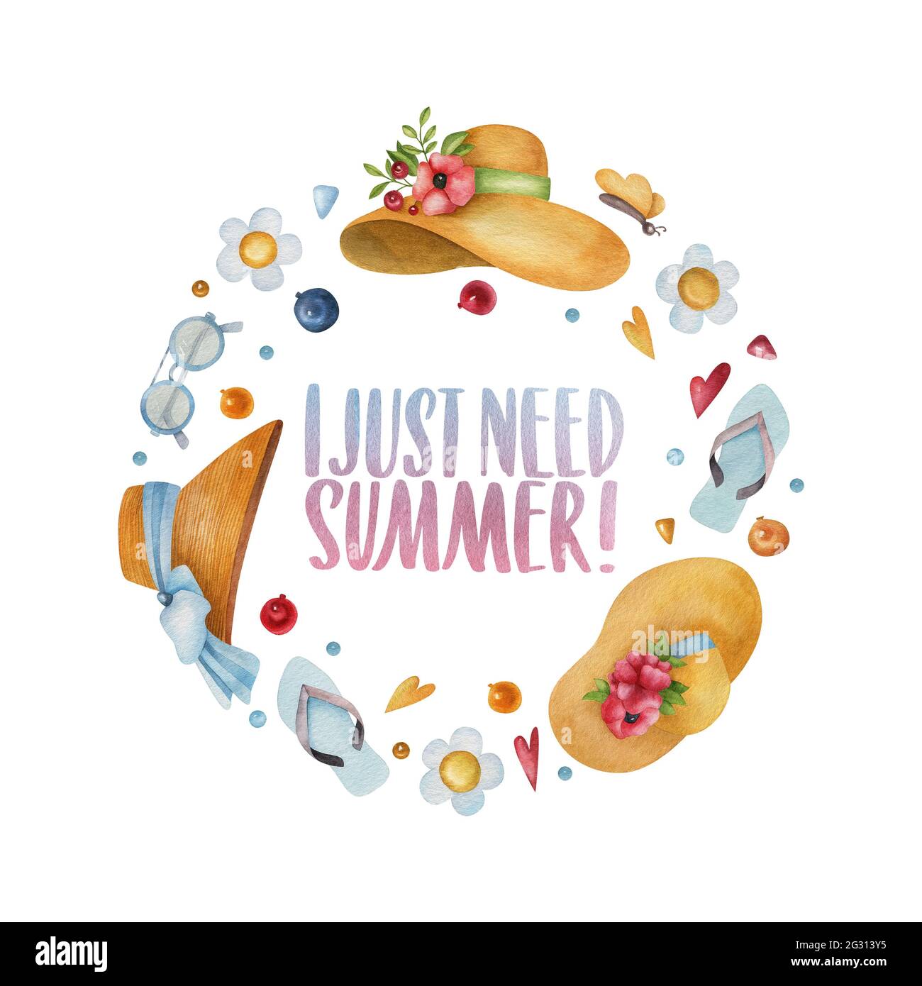 I just need summer. Watercolor summer composition with lettering phrase ...