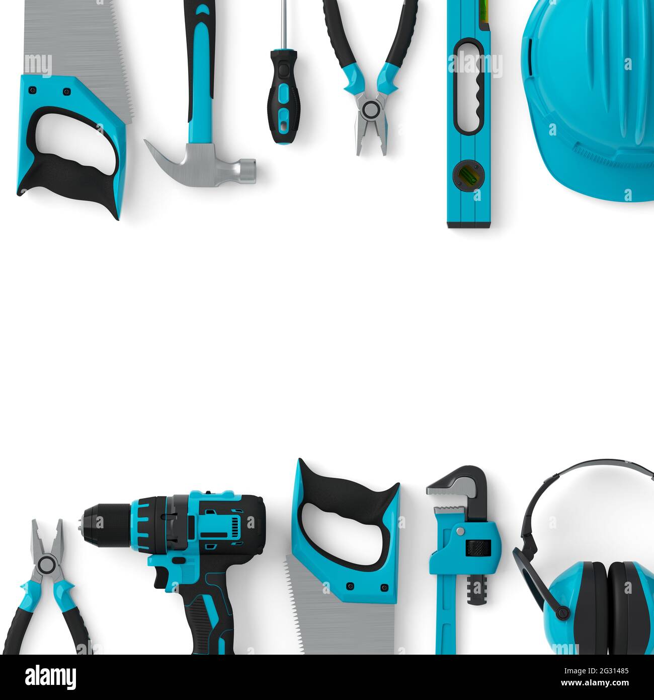 Top view of green construction tools for repair and installation on ...